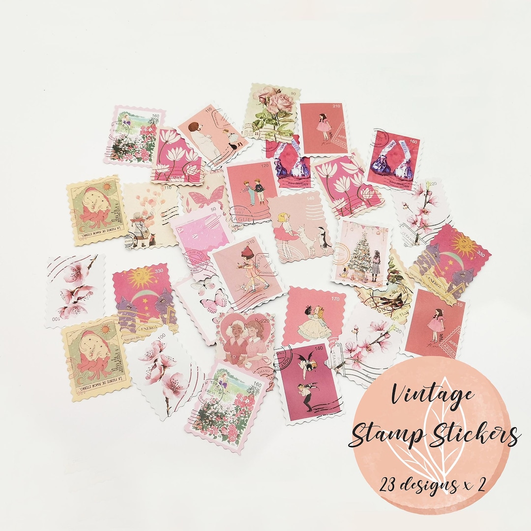 Vintage Stamp Stickers, 46 Pack, Pink Retro Flower, Butterfly, Girl ...