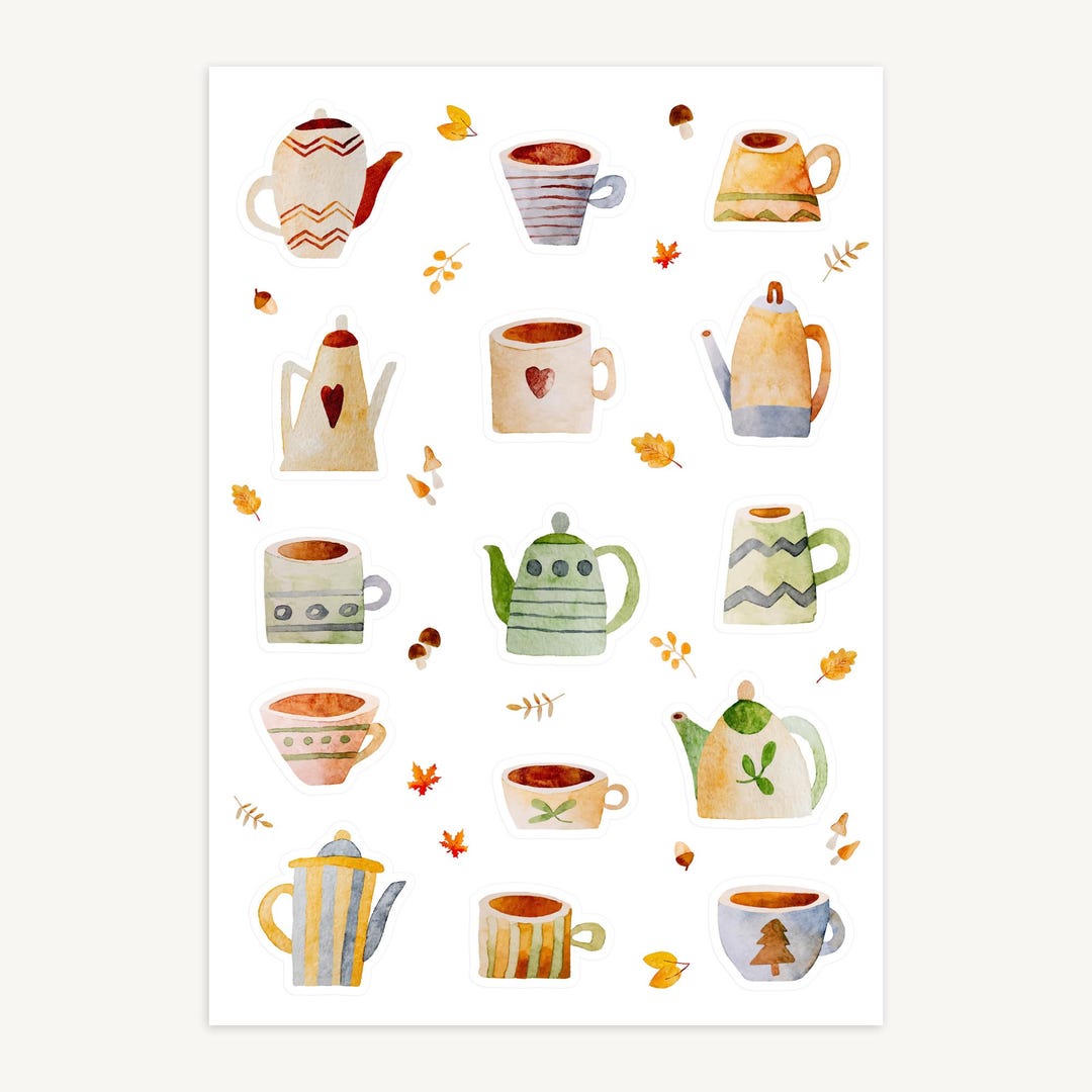 Teapots & Mugs Sticker Sheet, Cosy Art, Watercolour Scrapbooking ...