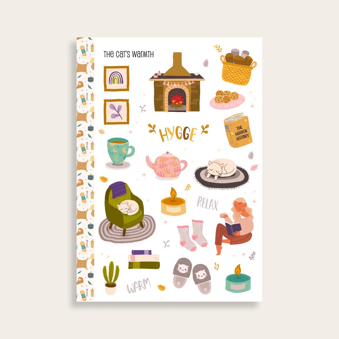 Cosy Hygge Vibe Sticker Sheet, Hand Drawn Cat, Winter Planner Stickers ...