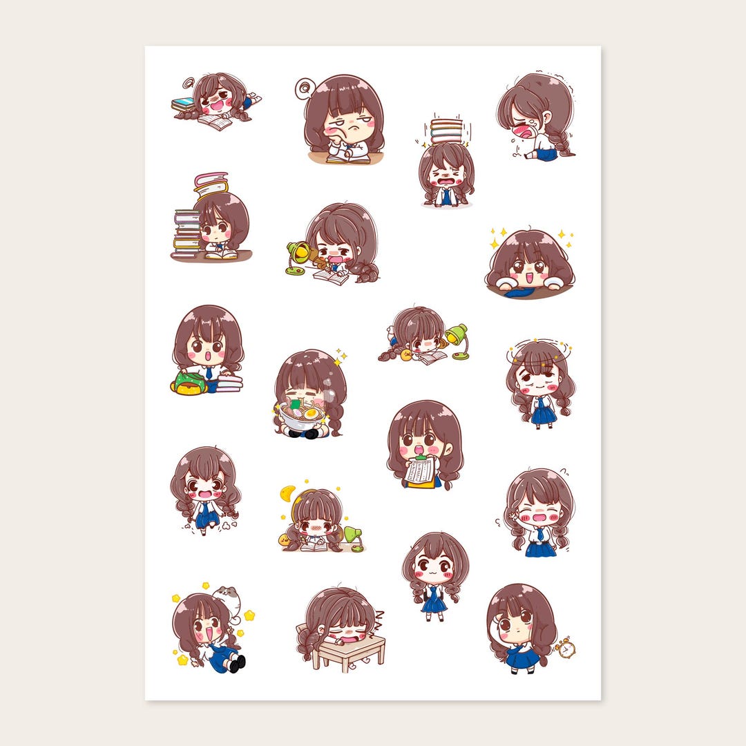 Kawaii Anime School Girl Sticker Sheet, Chibi Aesthetic, Studying Girl ...