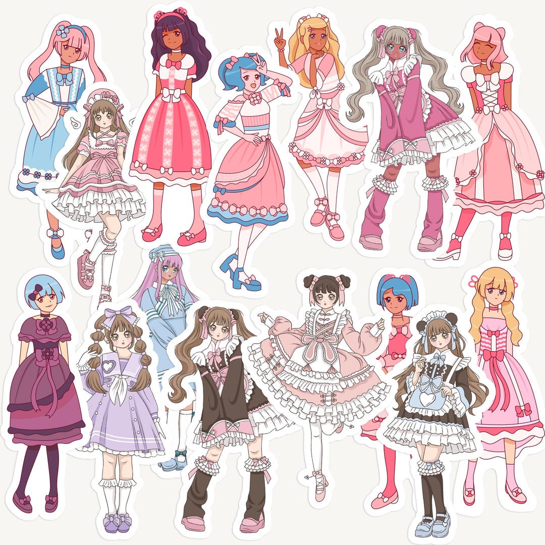 Anime Girl Sticker Pack, Hand-drawn Kawaii Manga Stickers, Lolita Style ...