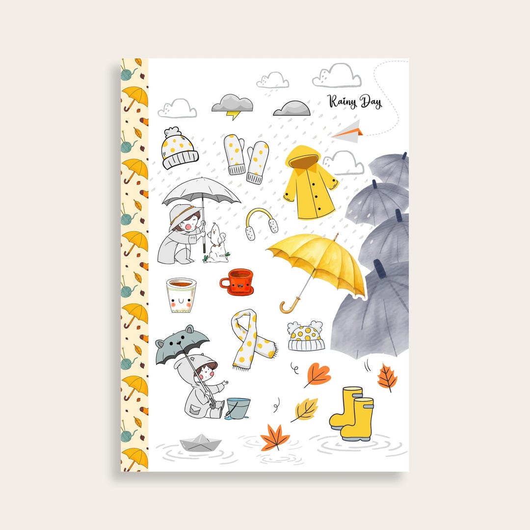 Rainy Day Sticker Sheet: Hand-drawn Umbrella, Boots, Washi Tape - Etsy