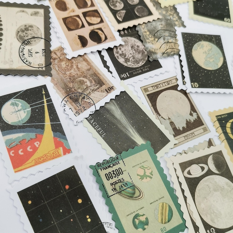 Retro Space Themed Stamp Stickers, Unique Vintage Moon & Planet ...