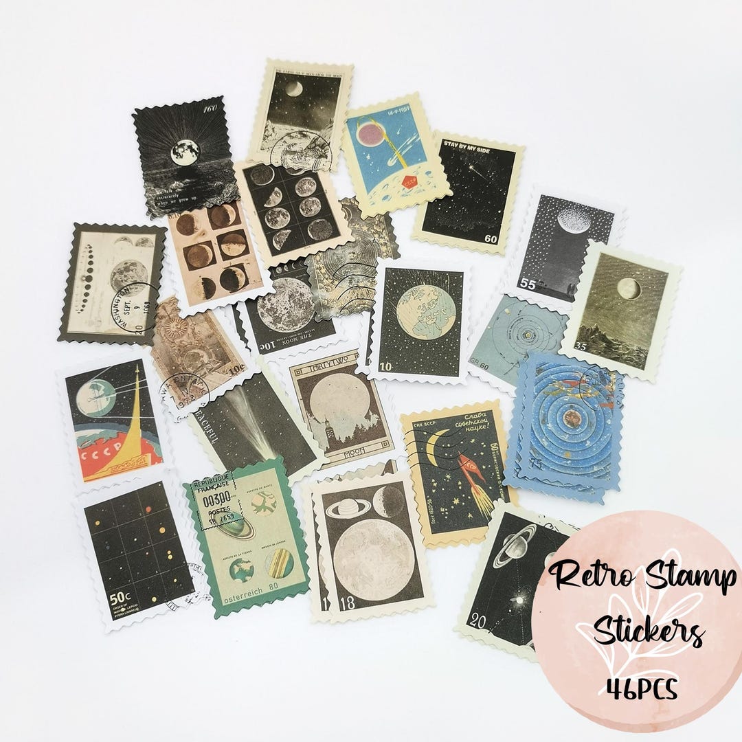 Retro Space Themed Stamp Stickers, Unique Vintage Celestial Stickers ...