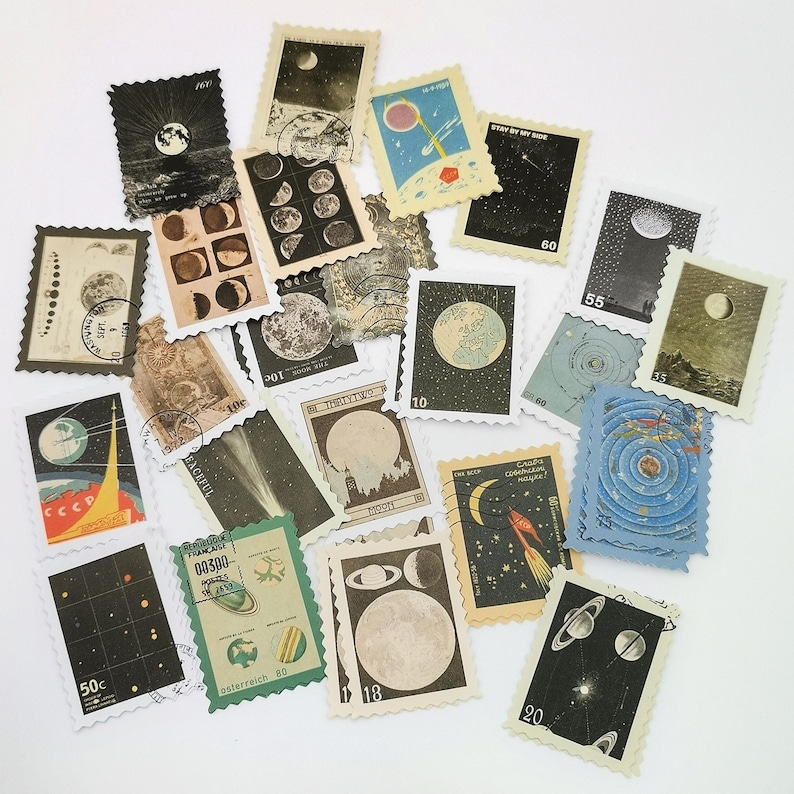 Retro Space Themed Stamp Stickers, Unique Vintage Moon & Planet ...
