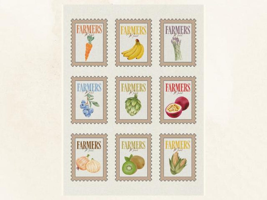 Farmers Market Art Print Set: Fruit & Vegetable Postage Stamps (digital ...