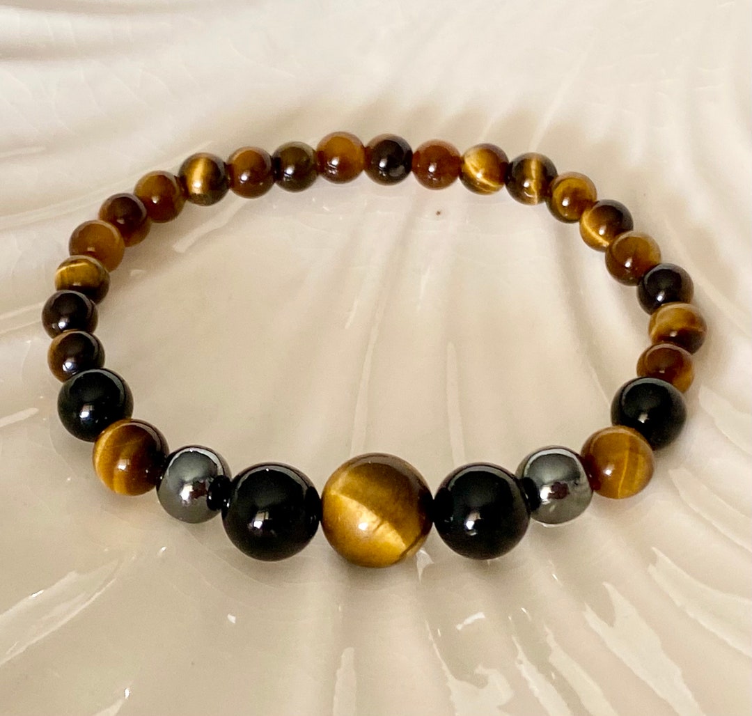 Triple Protection Bracelet: Tiger's Eye, Obsidian, Hematite Gemstones ...