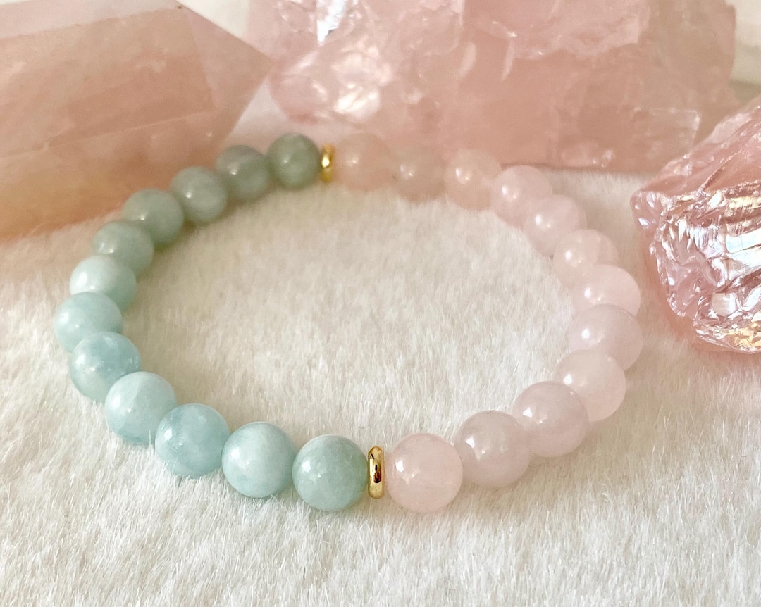 Rose Quartz Aquamarine Bracelet: Calming Gemstone Bead Stretch Bracelet ...