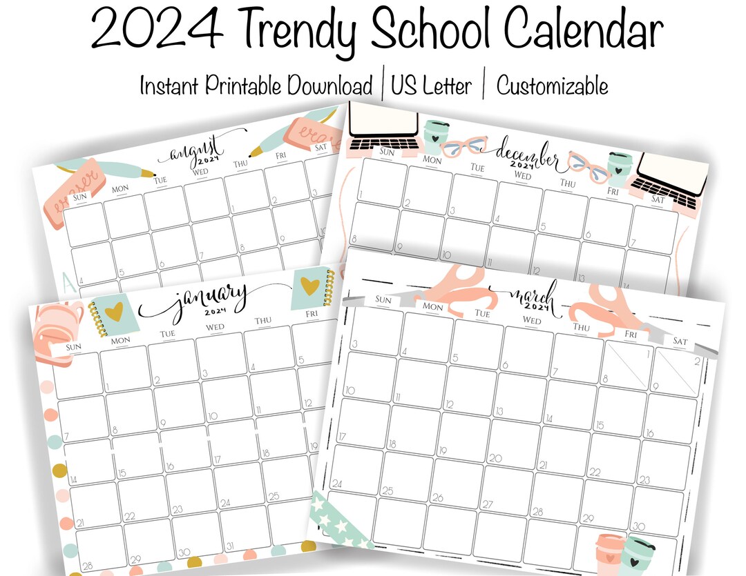 Trendy School Calendar 2024 Printable Digital School Calendar Monthly ...