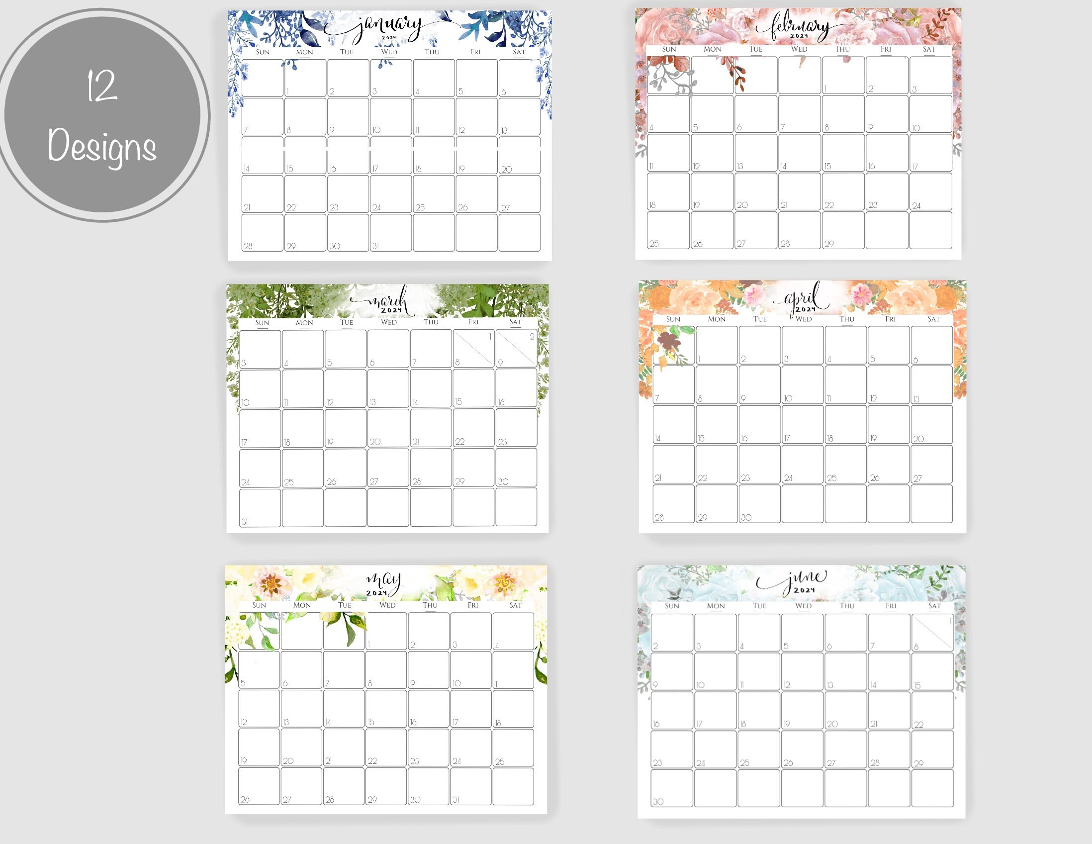 Floral Calendar 2024 Printable Digital Botanical Calendar Monthly ...