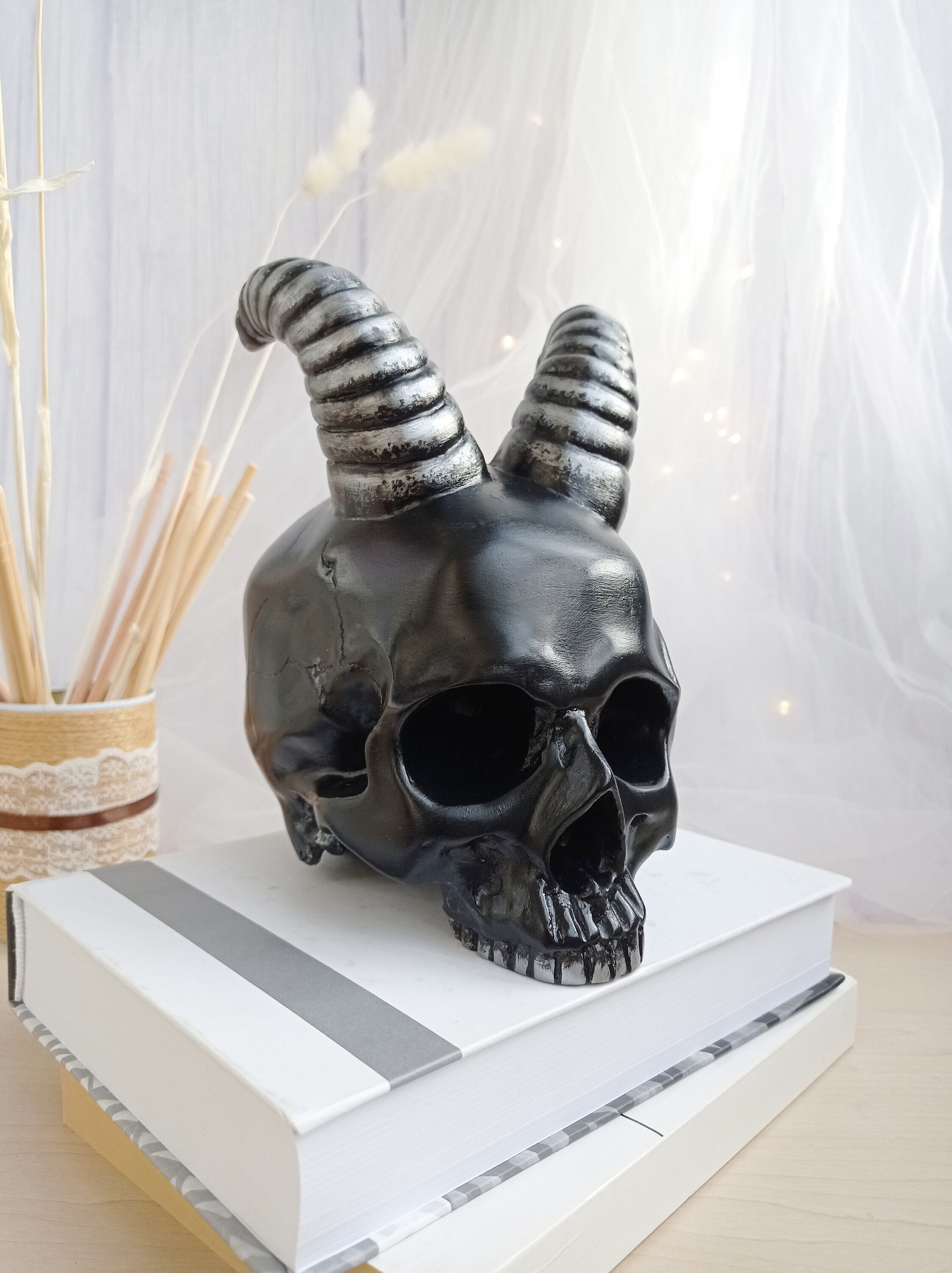 Human Skull Skull Sculpture With Horns Krampus Horned Devil - Etsy