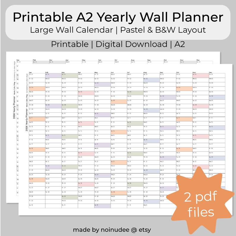 A2 Yearly Wall Planner Printable | Black & White + Pastel | Minimal ...