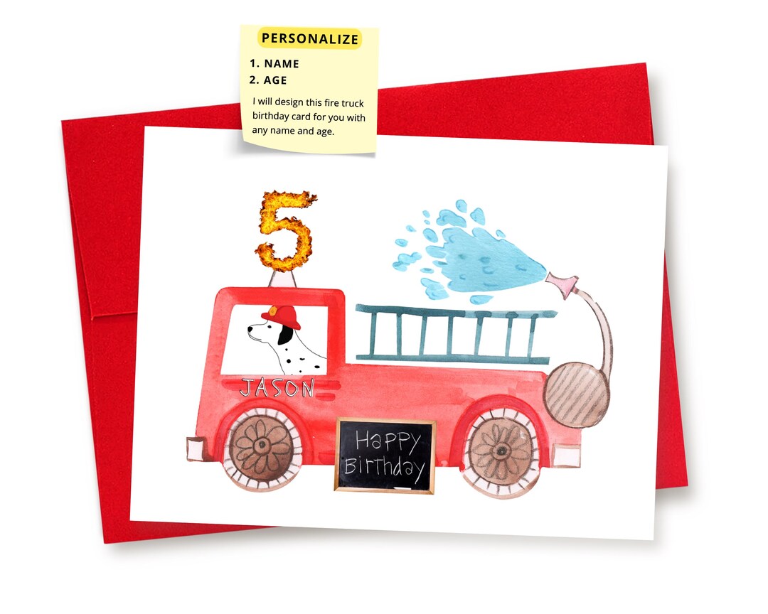 Personalized Fire Truck Birthday Card: Watercolor Fire Engine Design ...