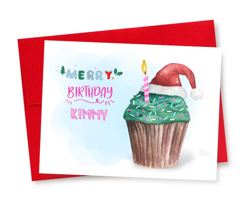 Personalized December Birthday Card: Watercolor Christmas Cupcake With ...