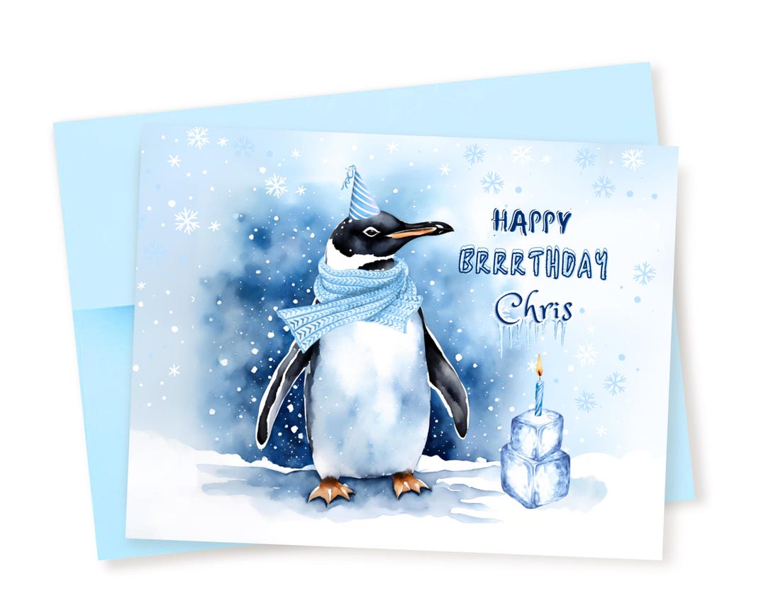 Personalized Winter Birthday Card, Snow Birthday Card, Penguin Card ...
