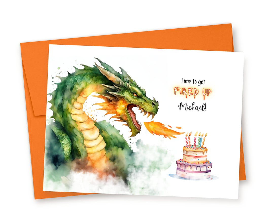 Personalized Dragon Birthday Card, Fire Breathing Dragon, Dragon ...