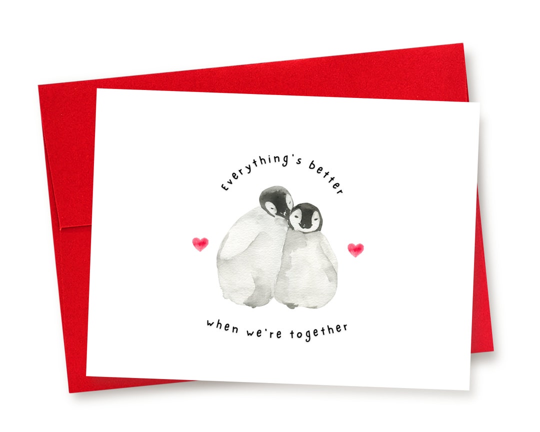 Watercolor Penguins Anniversary Card, Couples Love Card - Etsy