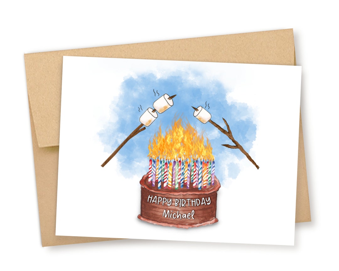 Personalized Bonfire Birthday Card: Humor Getting Old Watercolor Cake ...