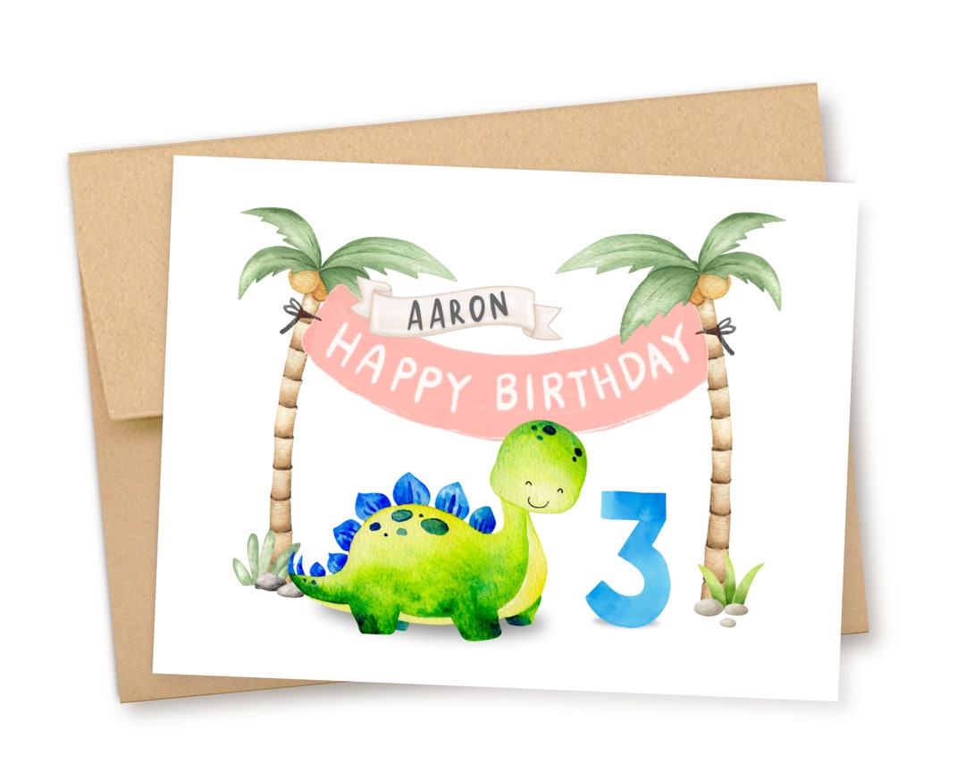 Personalized Dinosaur Birthday Card: Watercolor Kids Card, Custom Name ...