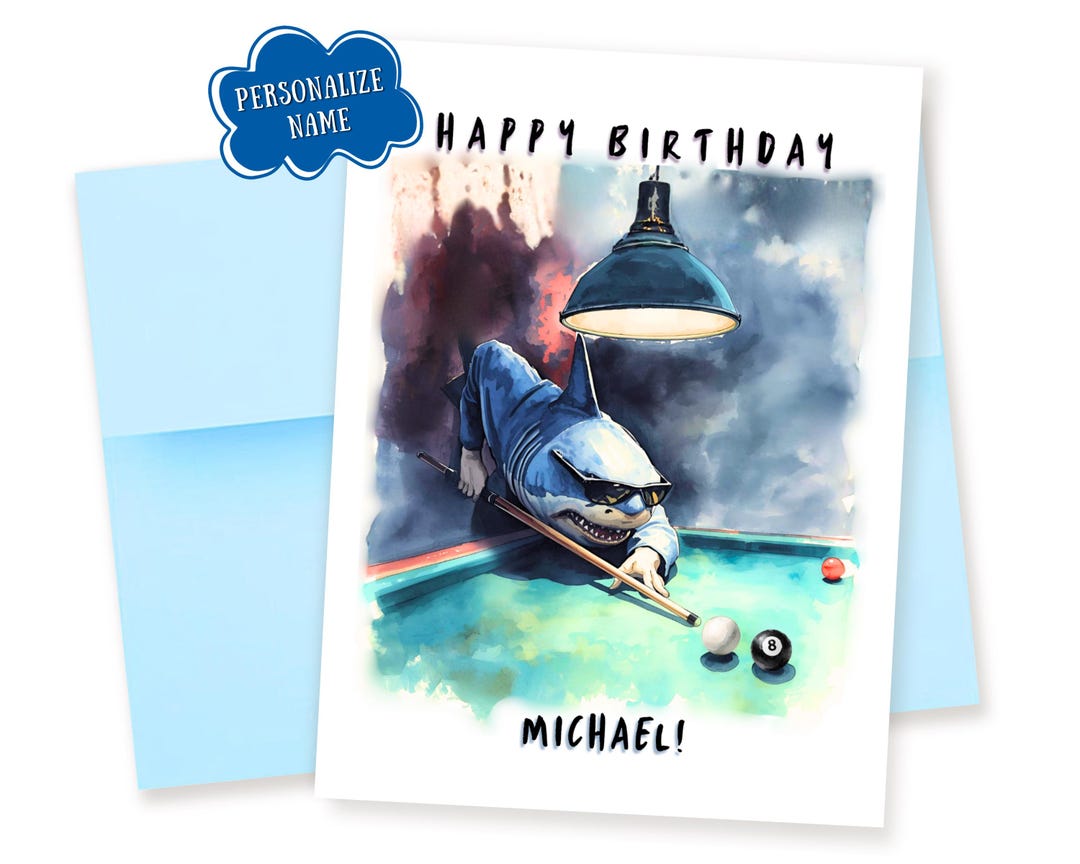 Personalized Pool Player Birthday Card: Watercolor Billiards Pool Shark ...