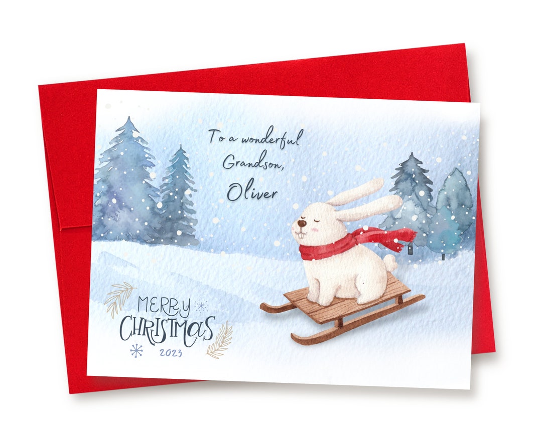 Personalized Snow Sledding Rabbit Christmas Card ANY - Etsy