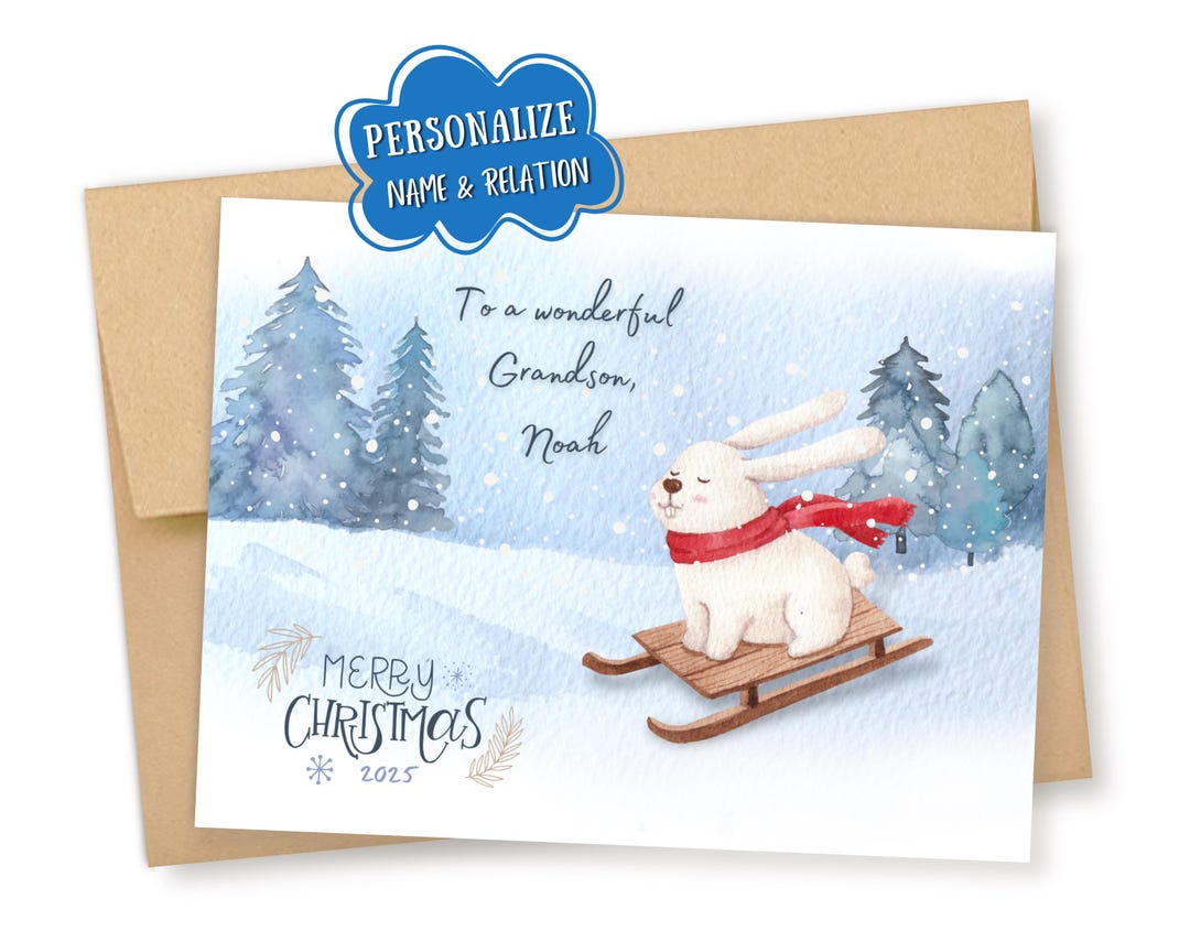 Personalized Snow Sledding Rabbit Christmas Card: Watercolor Winter - Etsy