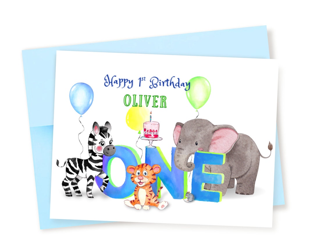 Personalized One Birthday Card, Animals First Birthday Card, 1st ...