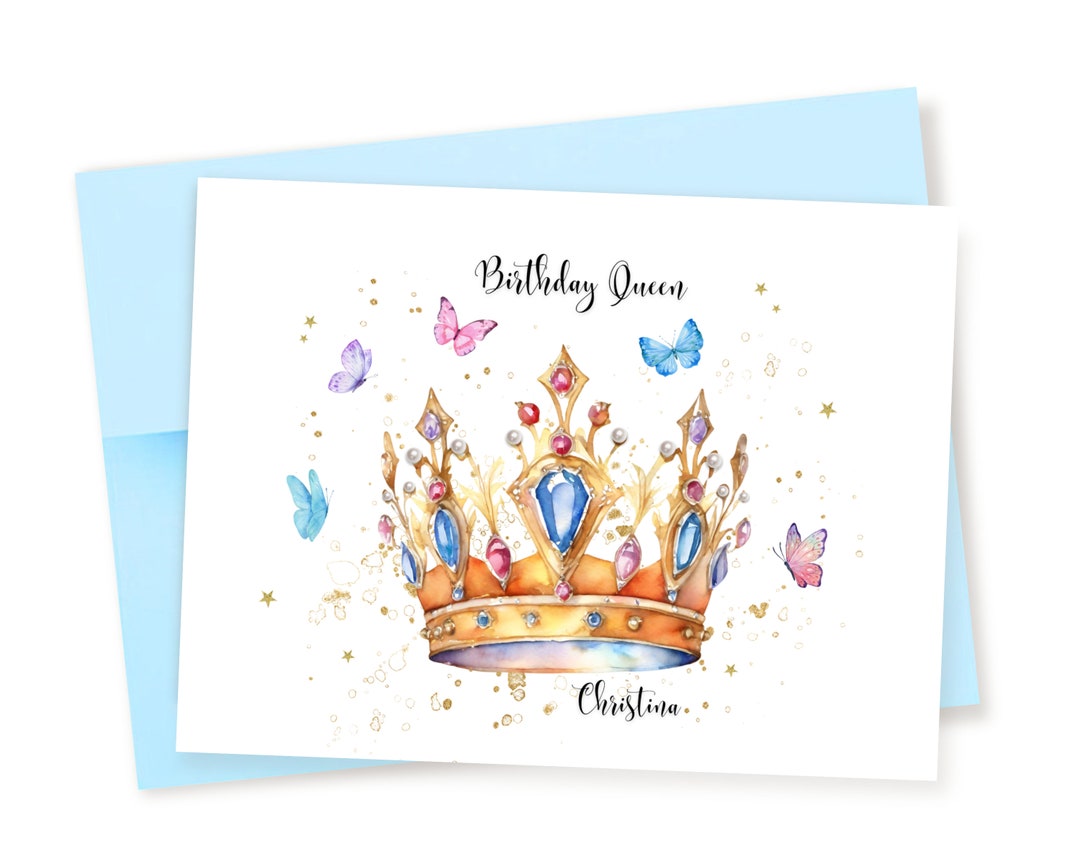 Personalized Birthday Queen Card: Watercolor Princess Crown, Glitter ...