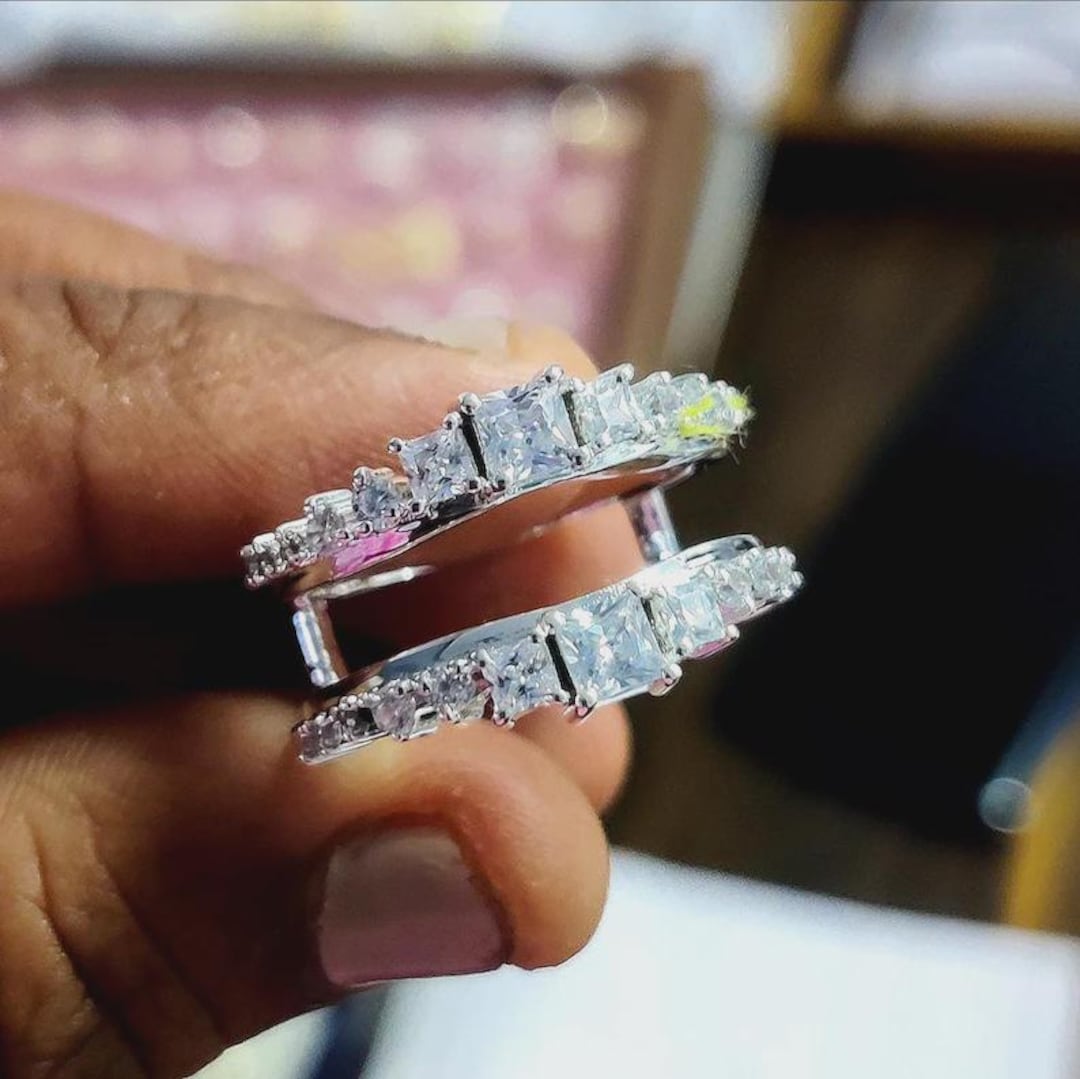 Simulated Diamond Princess Cut Enhancer Wedding Ring 14K White Gold ...