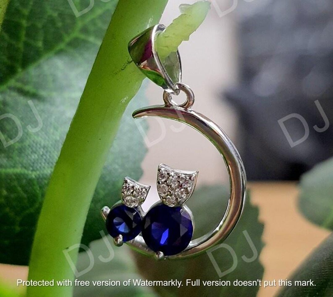 Sapphire Moon Cat Pendant, Sterling Silver, White Gold Plated - Etsy