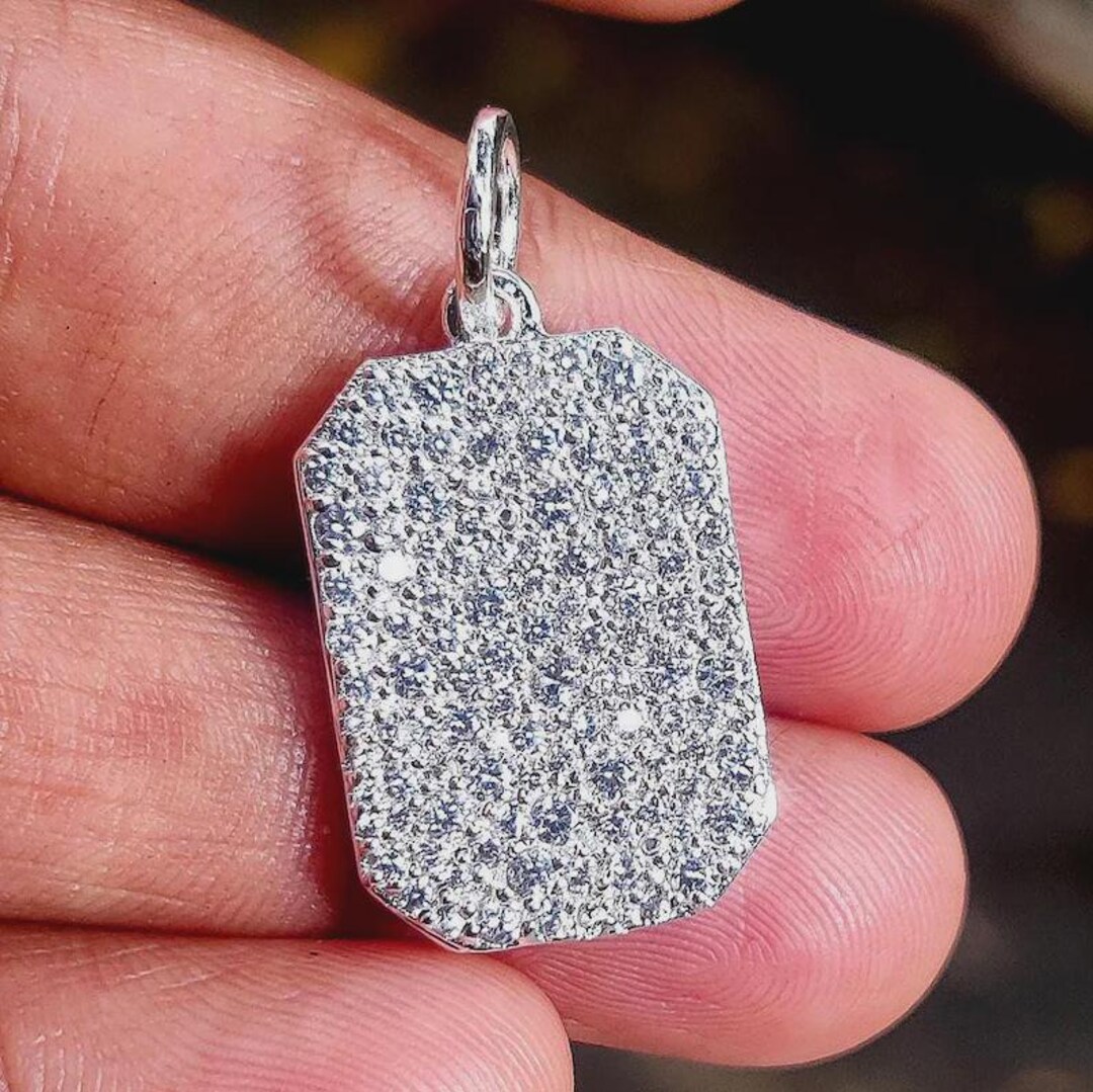 Iced Out Dog Tag Pendant: Simulated Diamond, 925 Sterling Silver, 14K ...