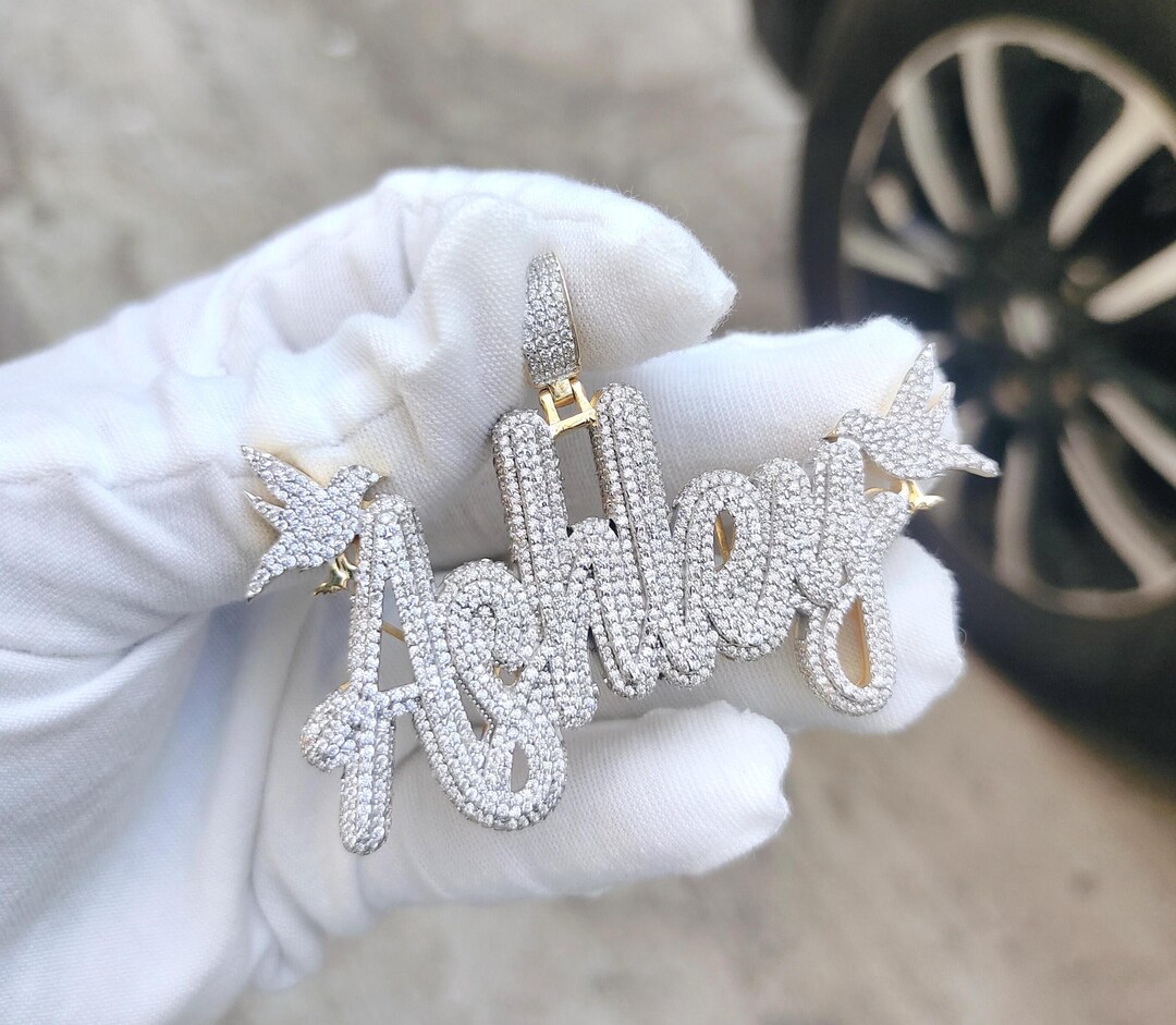 Custom Name Diamond Pendant Round Cut Simulated Diamond Pendant 14K ...