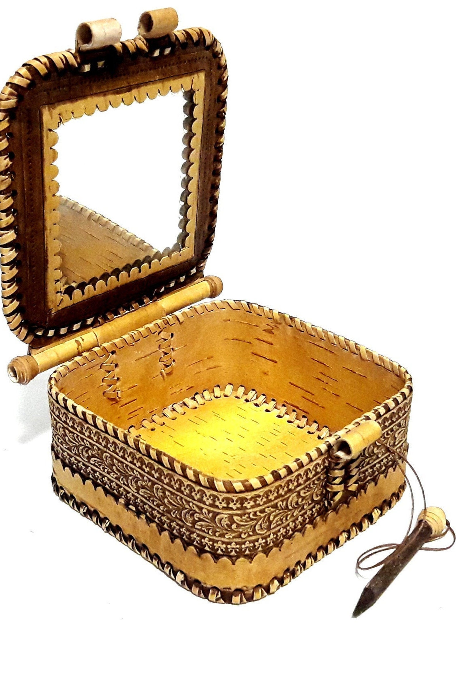 Wood birch bark box box with mirror eco natural organic | Etsy