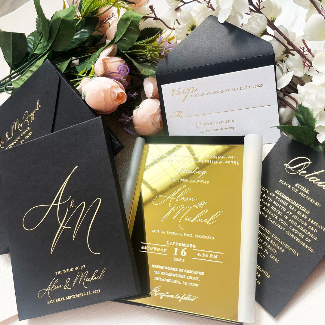 Luxury Box Wedding Invitation, Gold Mirror Invitation, Black Luxury ...
