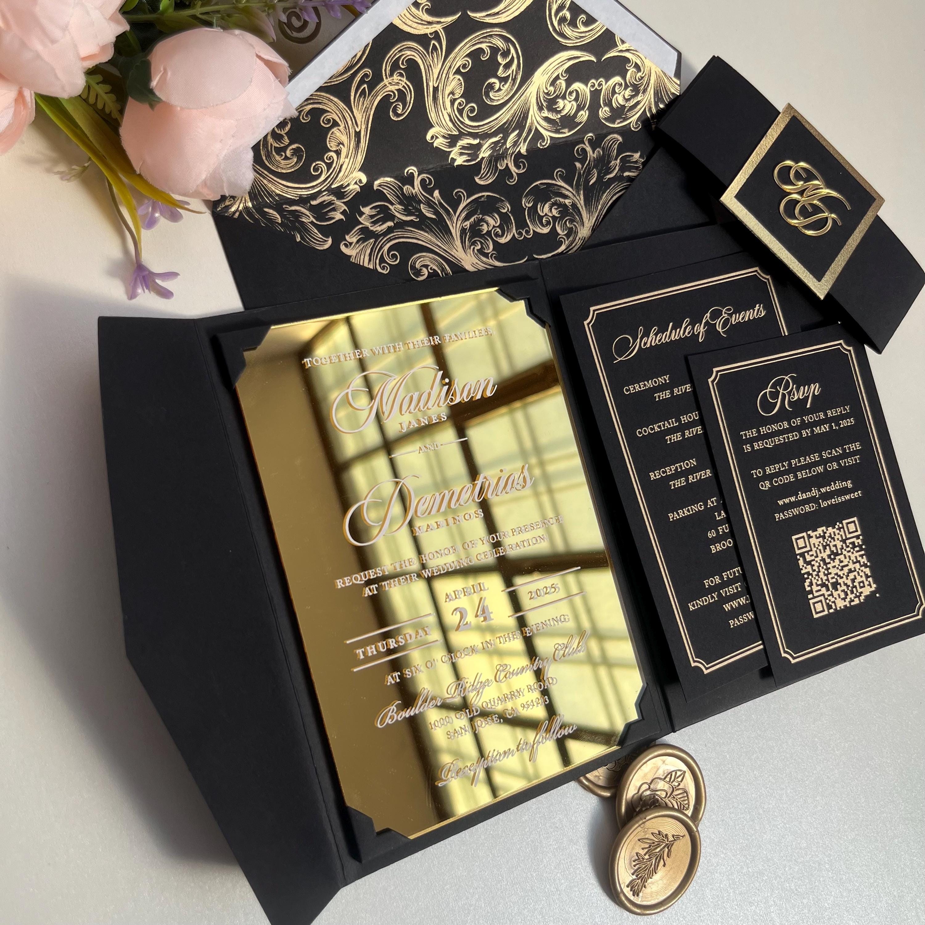 Gold Mirror Pocket Acrylic Wedding Invitation Set: Tri Fold Black ...