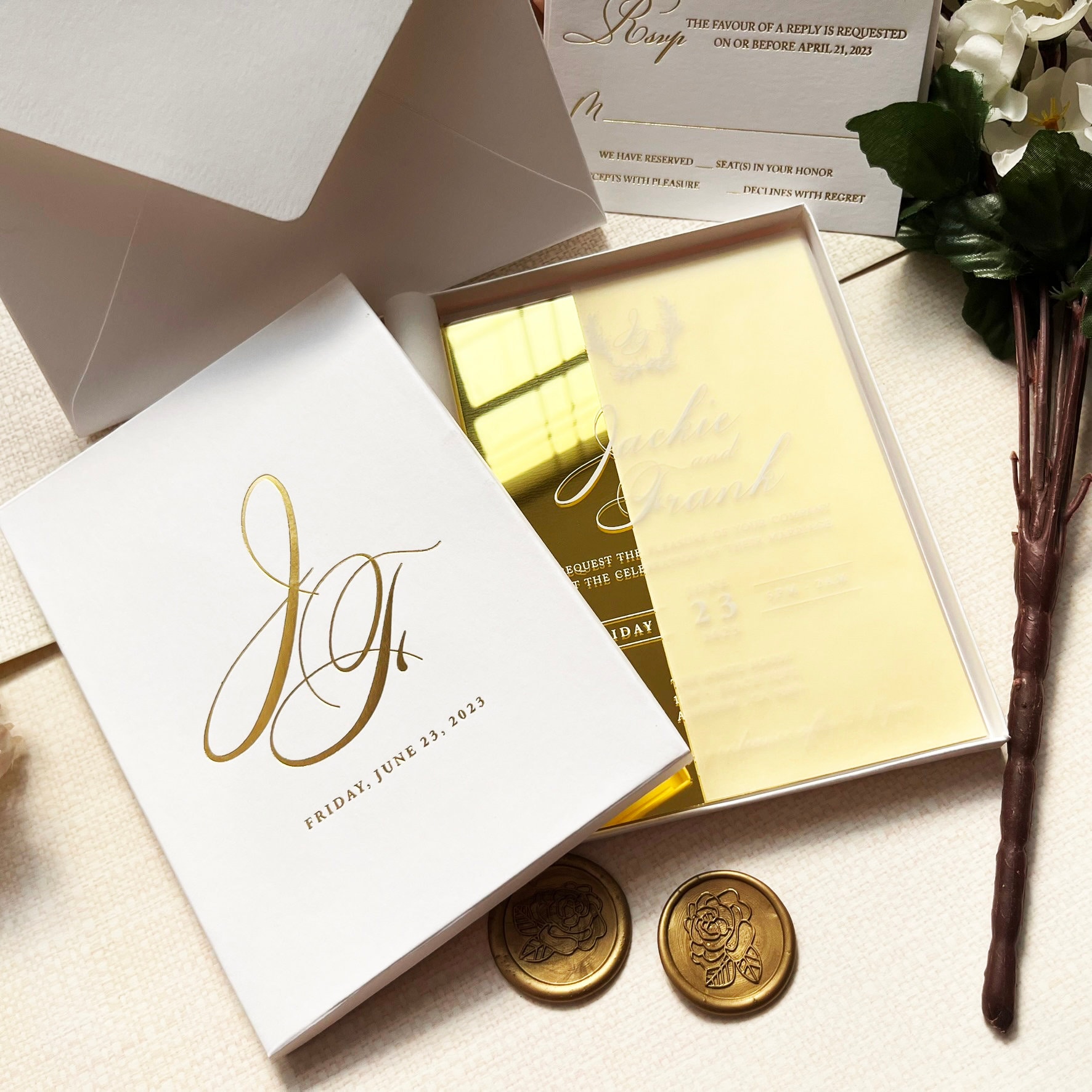 Gold Mirror Boxed Acrylic Invitations, Gold Mirror Wedding Invitation ...