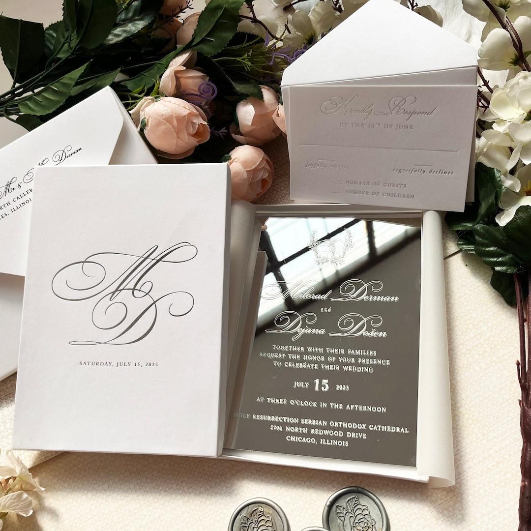 Silver Mirror Acrylic Wedding Invitation: Elegant White Box Suite ...