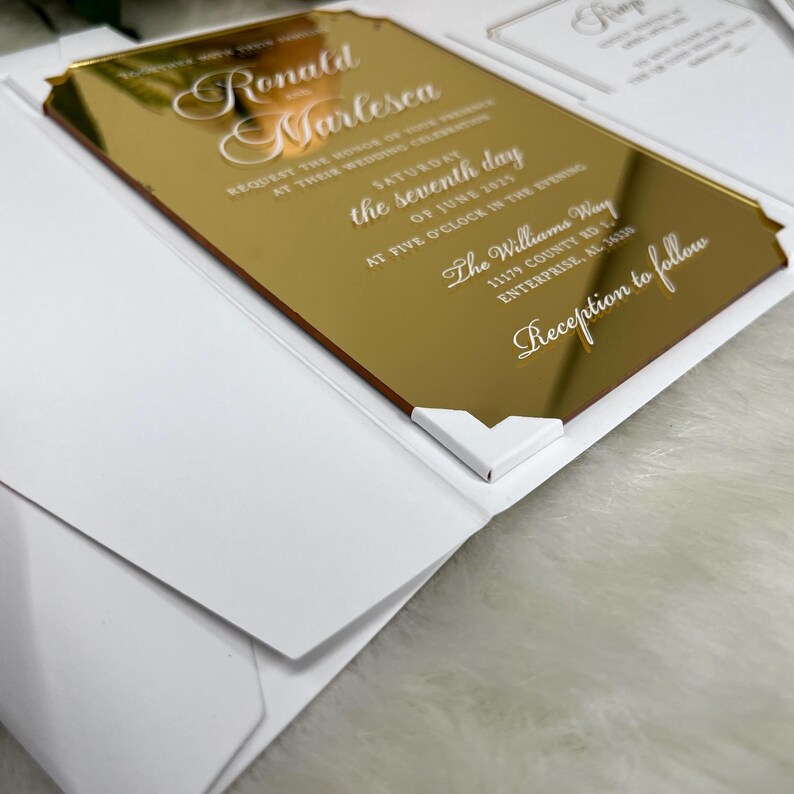 Gold Mirror Acrylic Wedding Invitation: White Pocket Envelope, RSVP - Etsy
