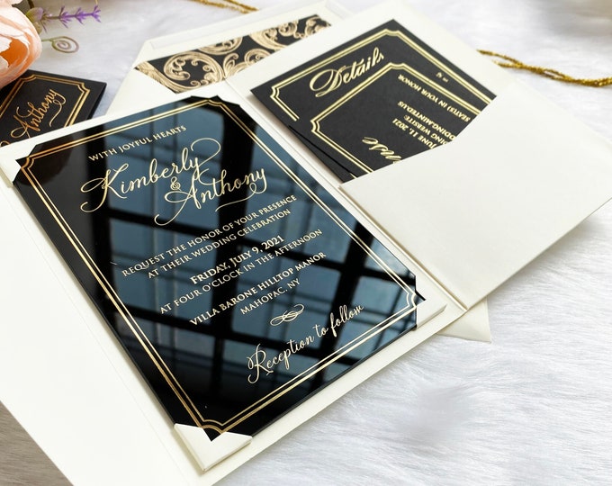 3D Acrylic Wedding Invitations With RSVP Qr Code Cards Black and White ...