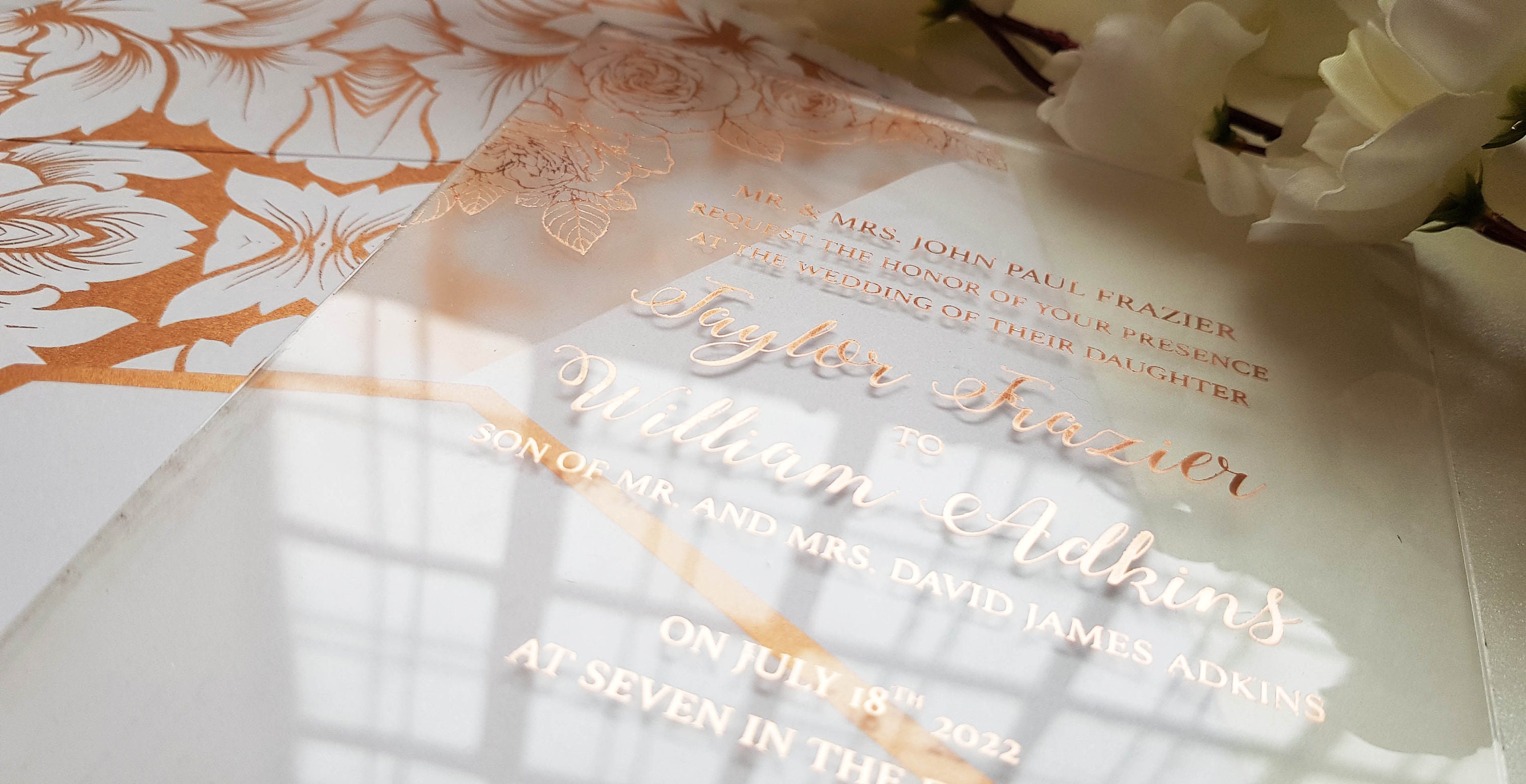 Frosted Acrylic Wedding Invitation: Rose Gold Foil, Floral Design - Etsy