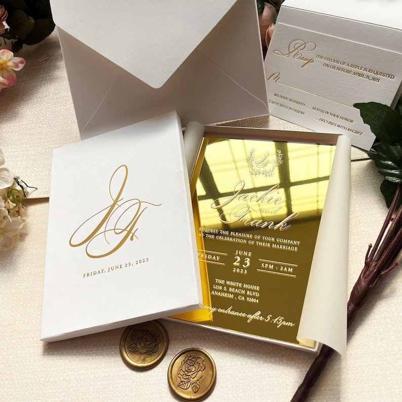 Gold Mirror Boxed Acrylic Invitations, Gold Mirror Wedding Invitation ...