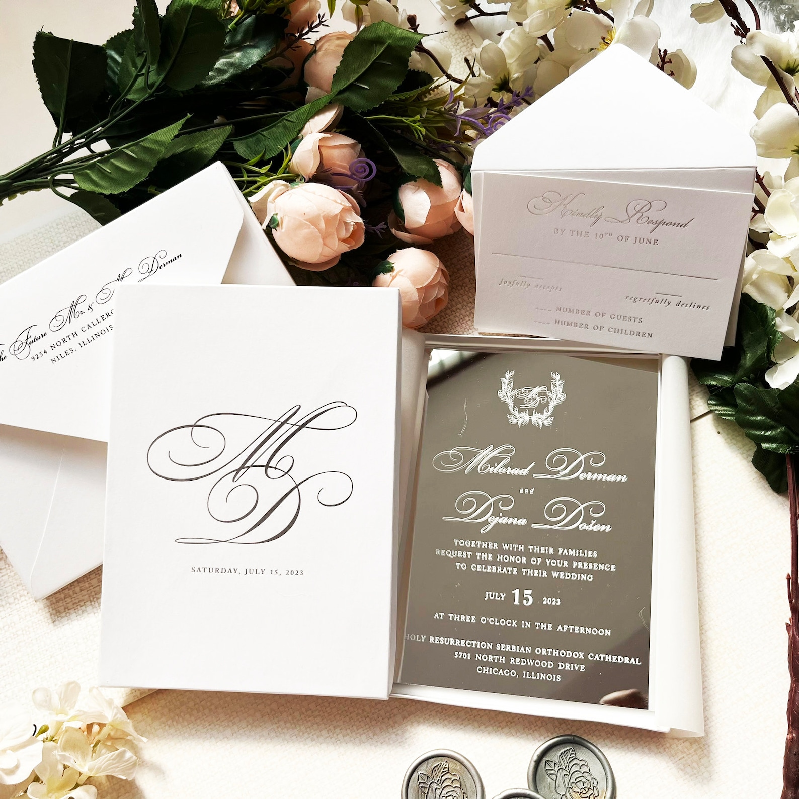 Silver Mirror Acrylic Wedding Invitation: Elegant White Box Suite ...