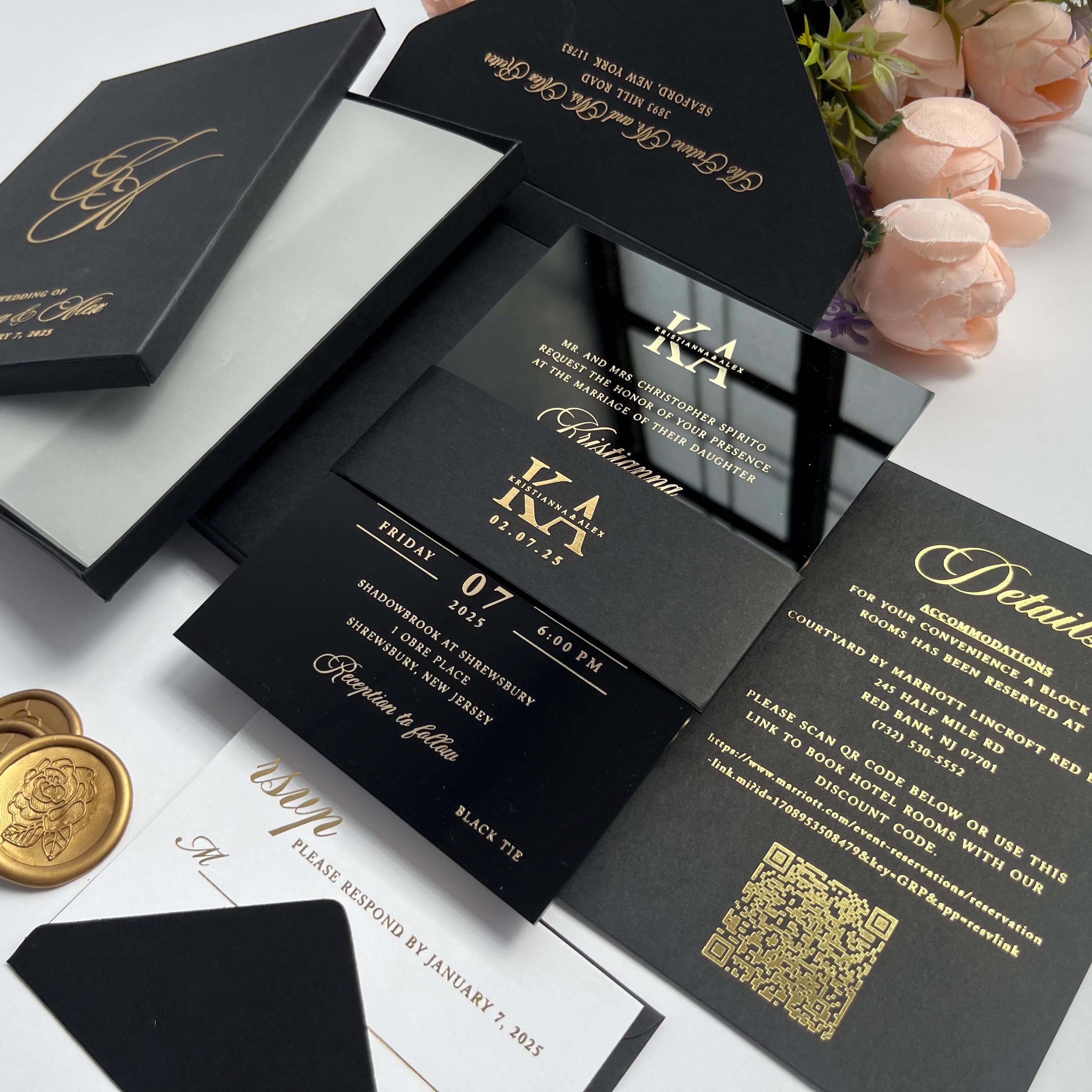 Black Mirror Acrylic Wedding Invitation, Black Mirror Invitation, Black ...