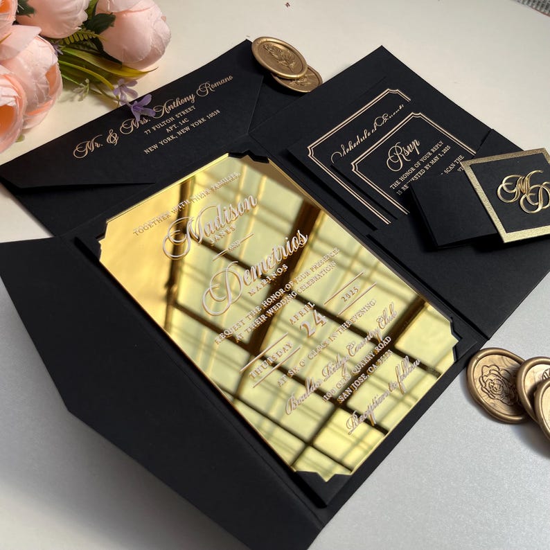 Gold Mirror Pocket Acrylic Wedding Invitation Set: Tri Fold Black ...