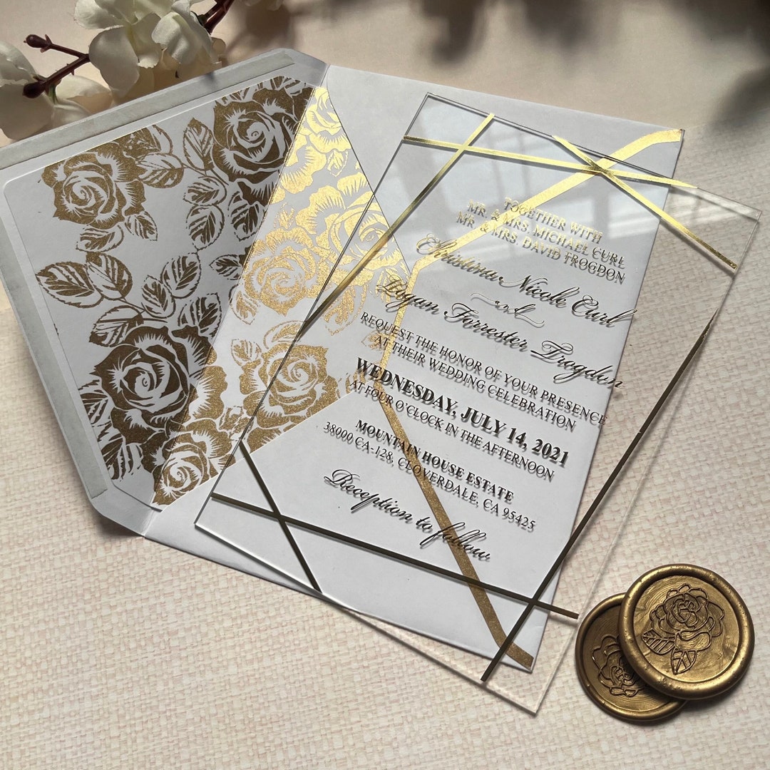 Clear Acrylic Wedding Invitation: Gold Foil, Floral Envelope - Etsy