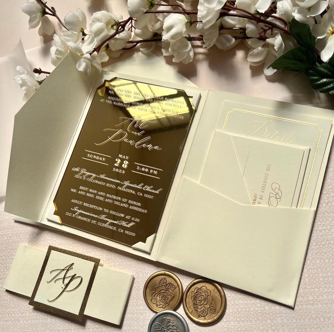 Elegant Gold Mirror Acrylic Wedding Invitation With Rsvp and Detail ...