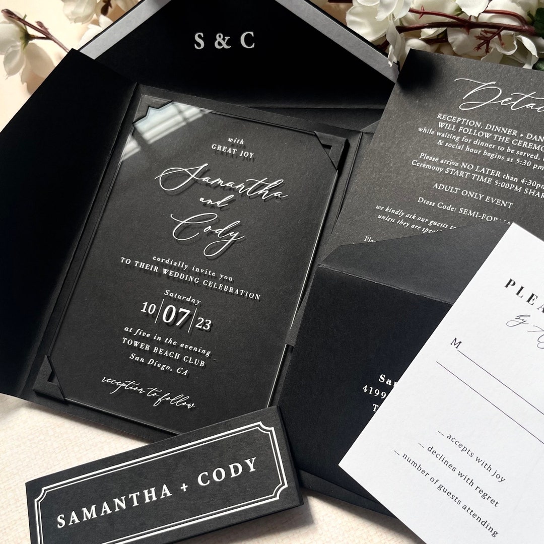 Black Pocket Acrylic Wedding Invitations With Rsvp, White Ink ...
