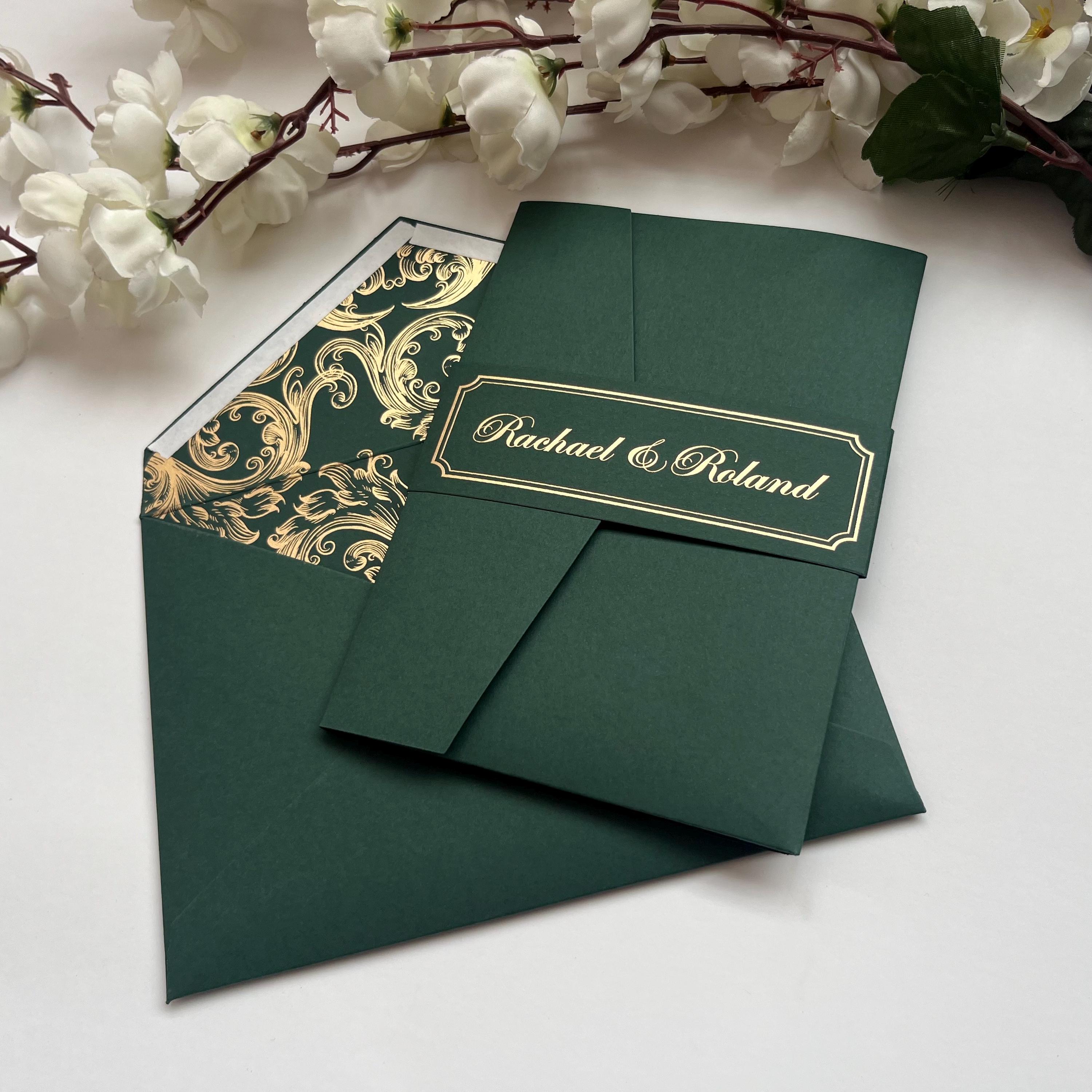 Dark Green Wedding Invitation Suite With Acrylic Card: Tri-fold Pockets ...