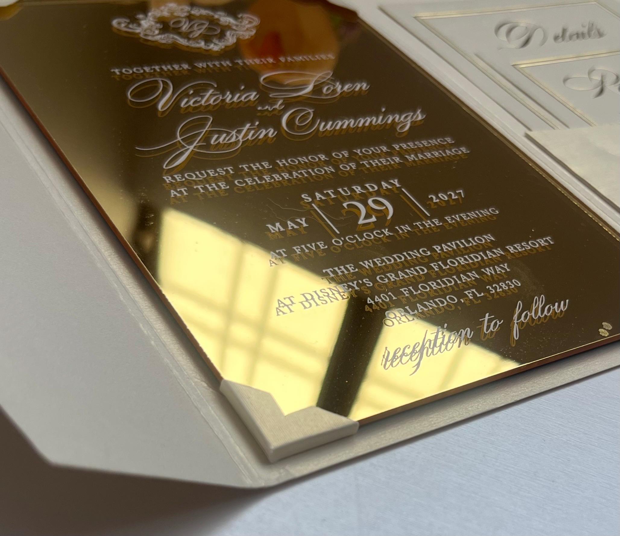 Gold Mirror Acrylic Wedding Invitation Set, Champagne Pearl Envelope - Etsy
