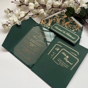 Dark Green Wedding Invitation Suite With Acrylic Card, Dark Green Pocket Envelopes With FRAMED ...